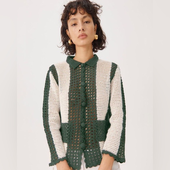 Alexa Chung | Jackets & Coats | 33 Alexa Chung Bowling Twotone Crocheted Cotton Jacket Green ...